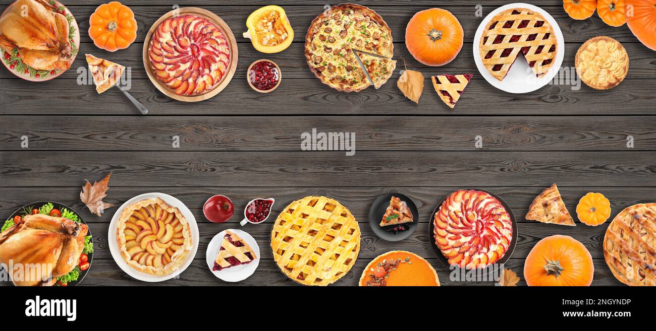 Flat lay composition with different tasty pies on wooden table, space ...