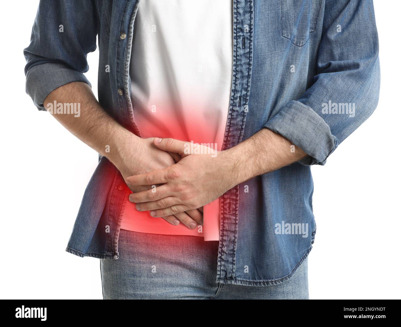 Man suffering from acute appendicitis on white background, closeup ...