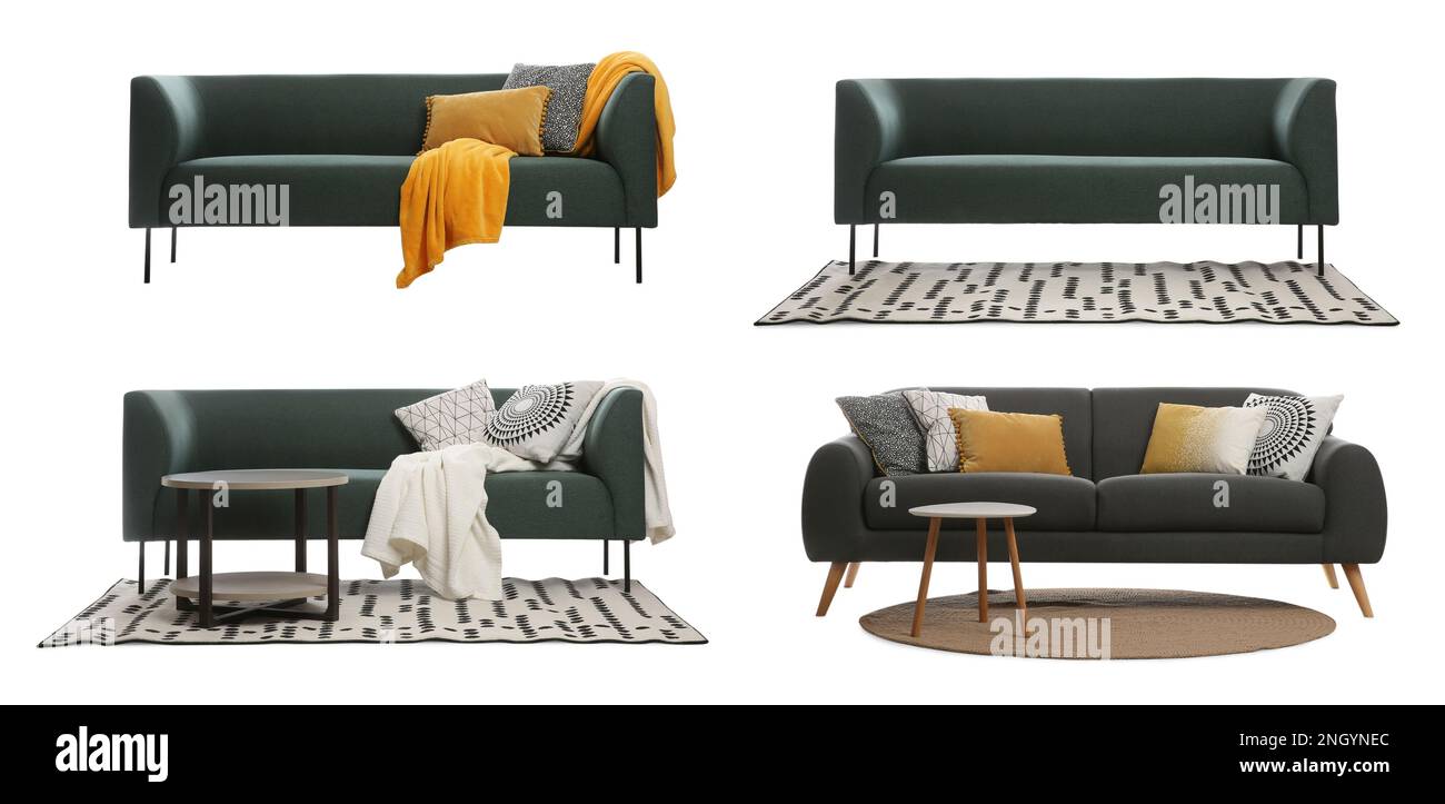 Set with different stylish sofas on white background. Banner design ...