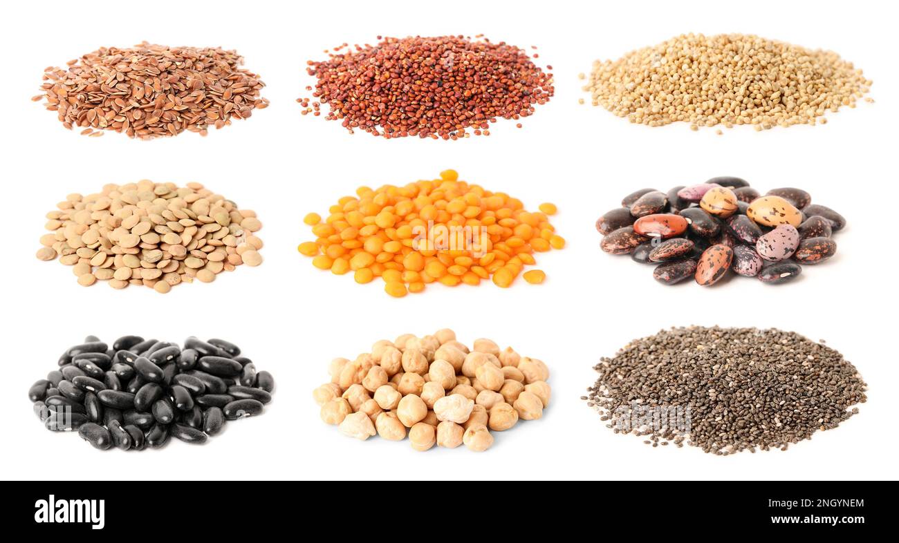Set with different legumes, grains and seeds on white background ...