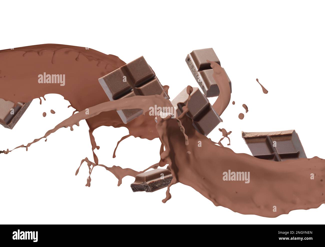 Choco bars and splashes of delicious chocolate milk on white background ...