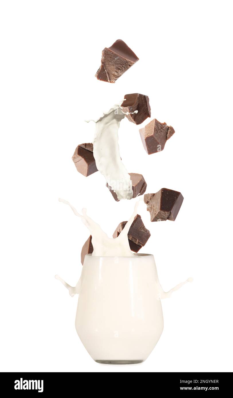 Chocolate falling into glass with milk on white background Stock Photo ...