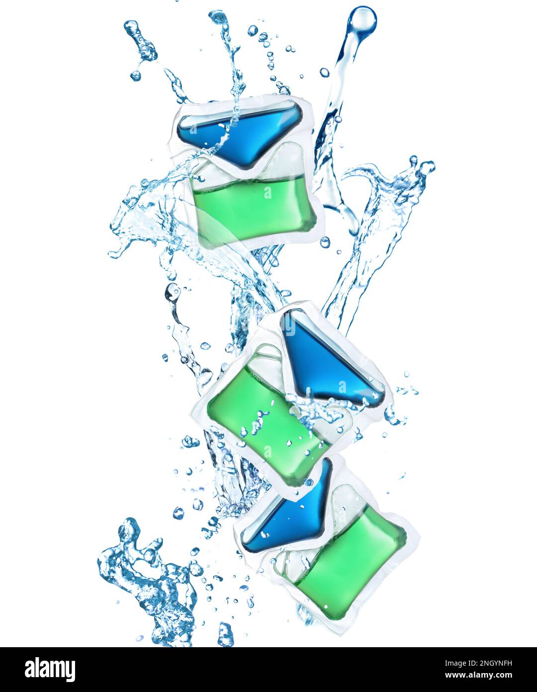 Laundry capsules and splashing water on white background. Detergent ...