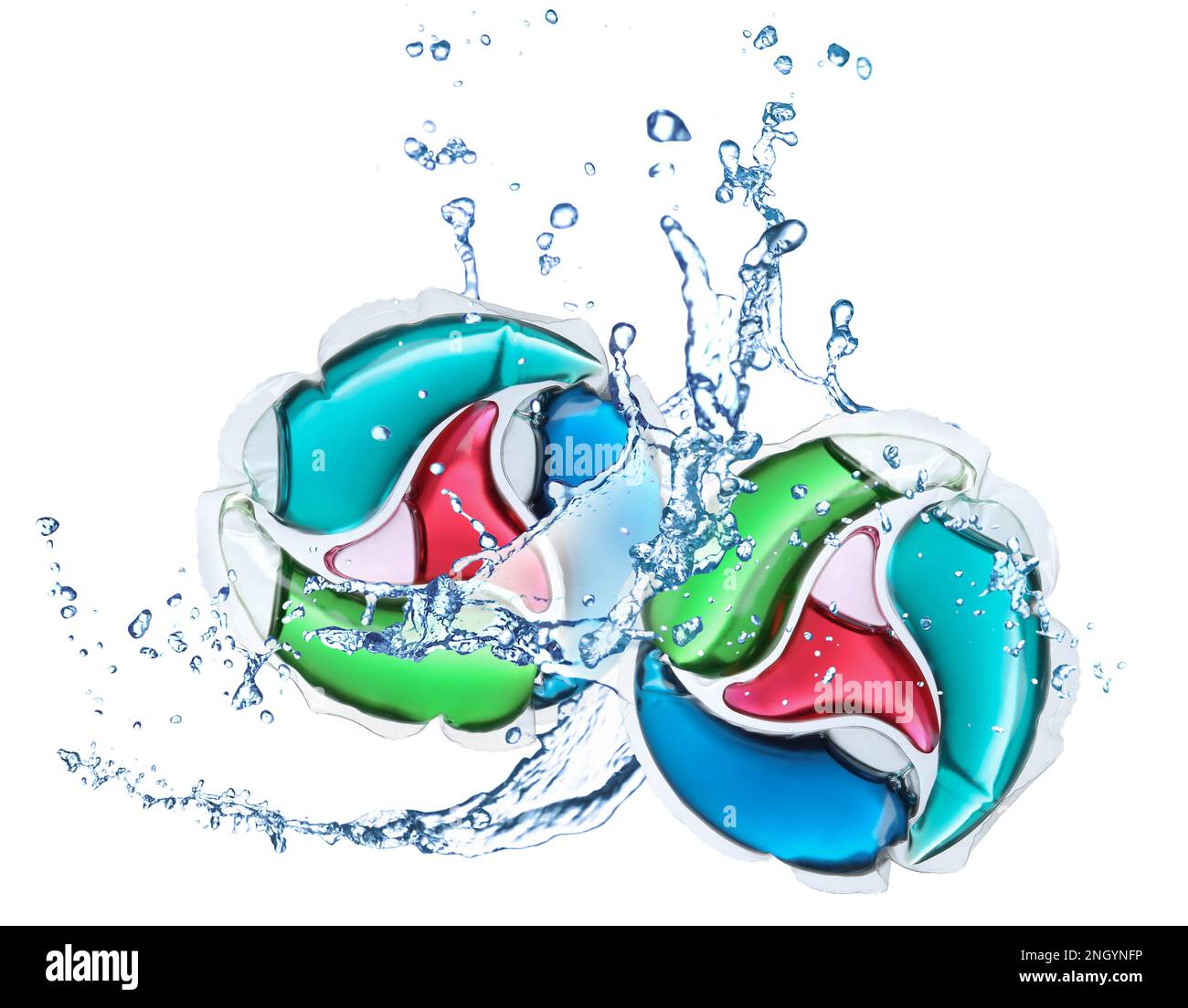 Laundry capsules and splashing water on white background. Detergent ...