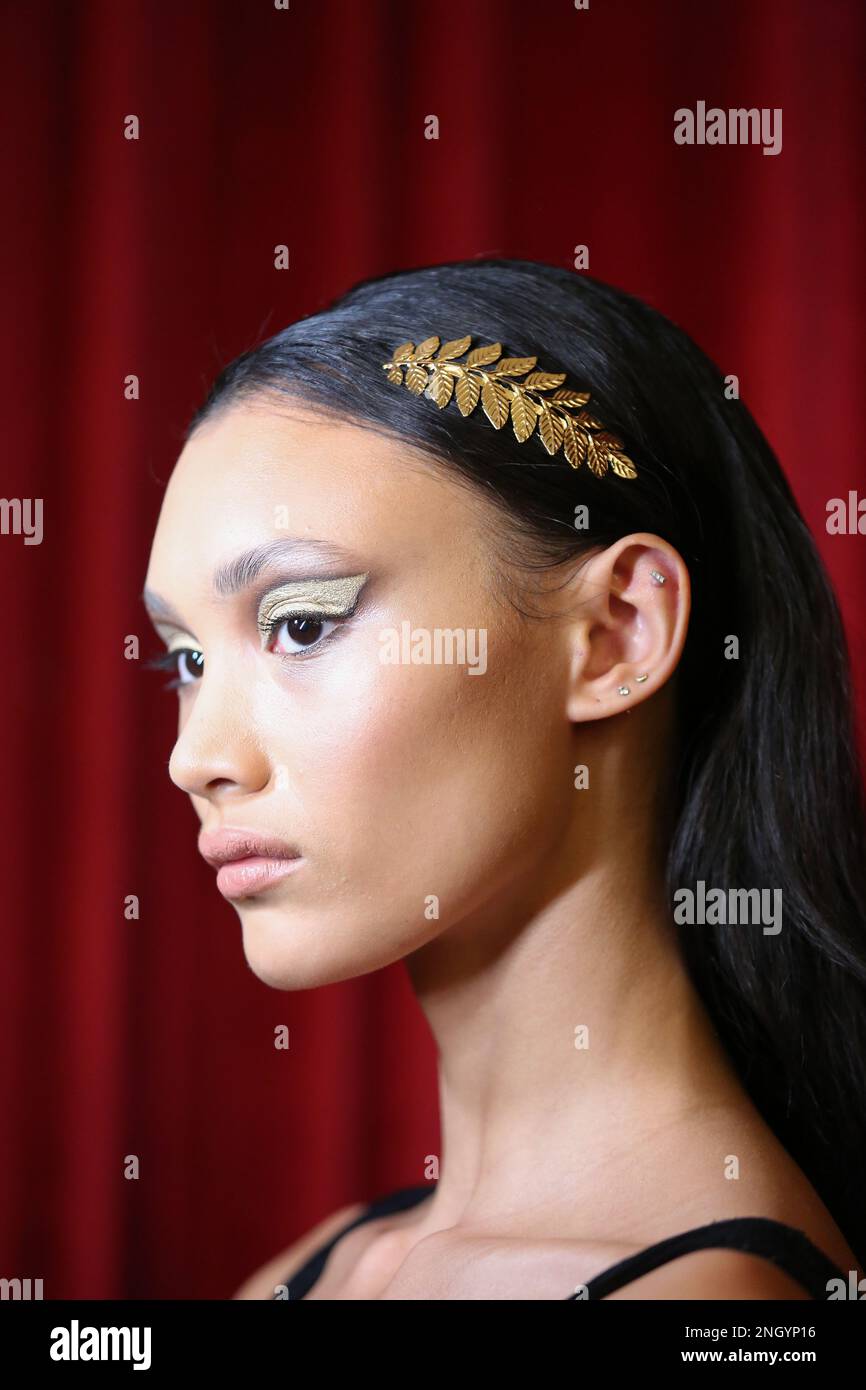 London, UK. Sunday 19th February 2023. A model backstage at the ...