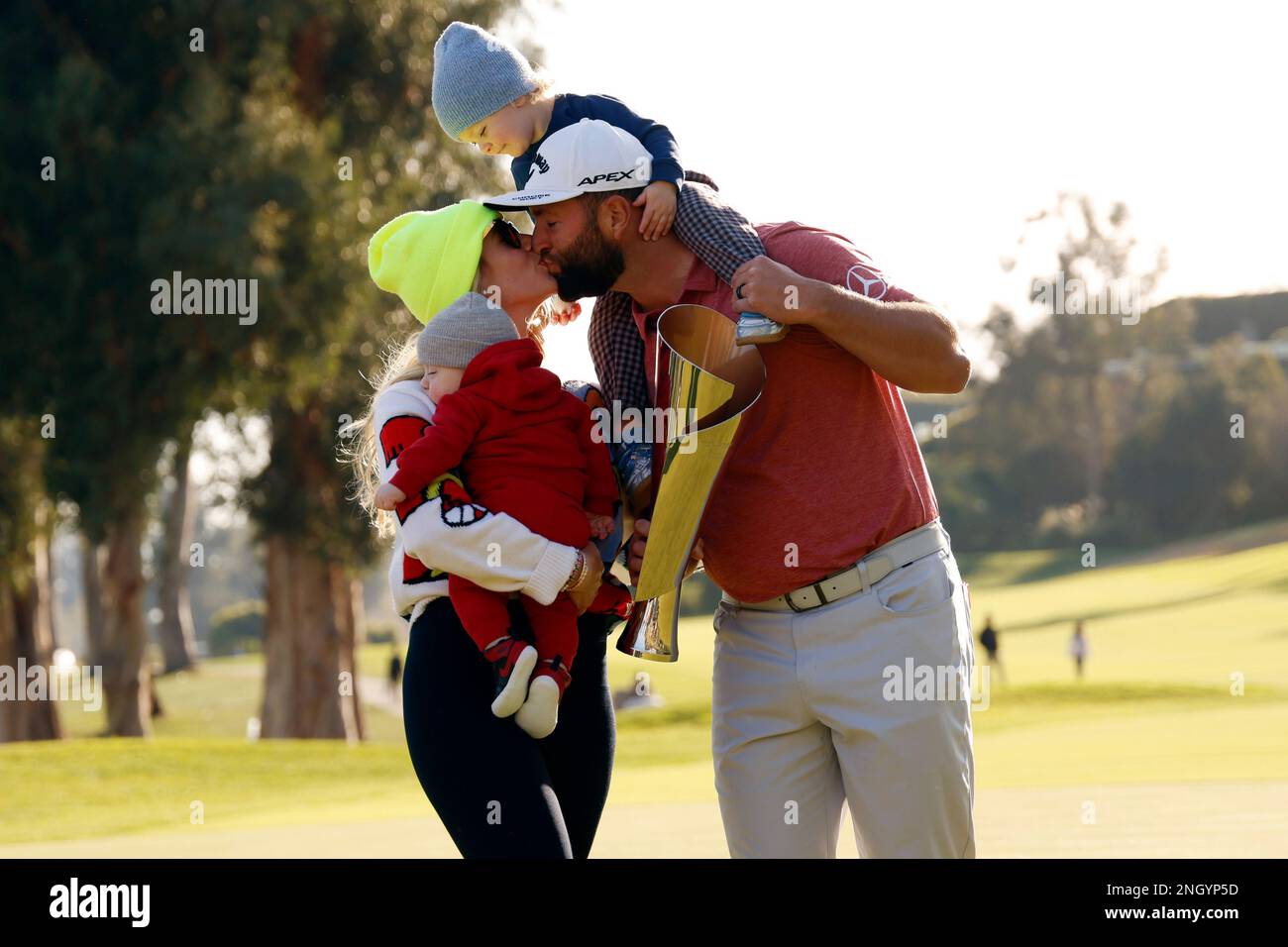 Jon Rahm his his wife, Kelley, after winning the Genesis Invitational ...