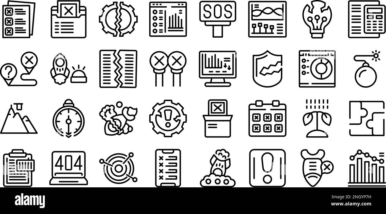Failed startup icons set outline vector. Broken crash. Rocket down ...