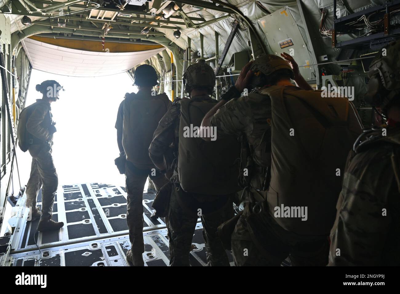 U.S. Air Force Pararescuemen line up before taking part in a military ...