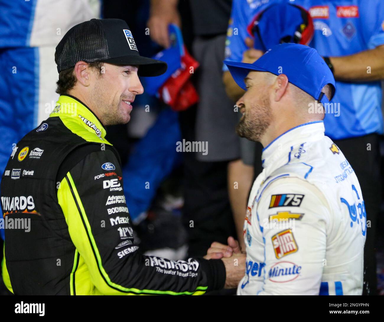 Daytona, United States. 19th Feb, 2023. Ryan Blaney (L) congratulates ...
