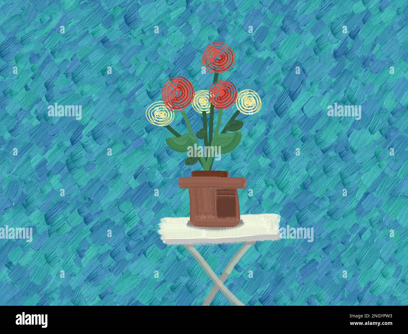 pot with yellow and red flowers on a white table. aesthetic style. Post ...