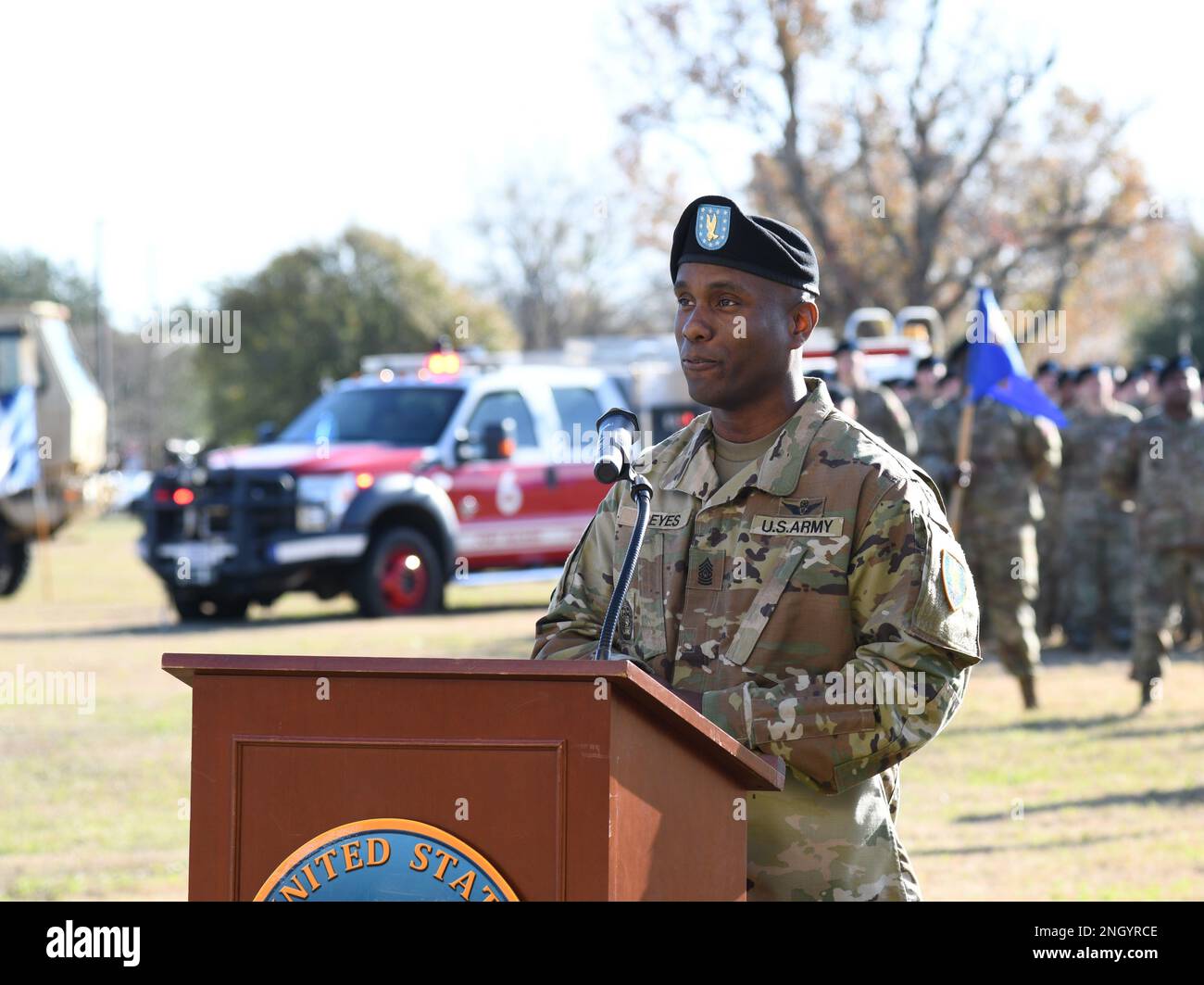 Command Sgt. Maj. Terrence D. Reyes, Jr. gives remarks after relinquishing responsibility at 1st ...