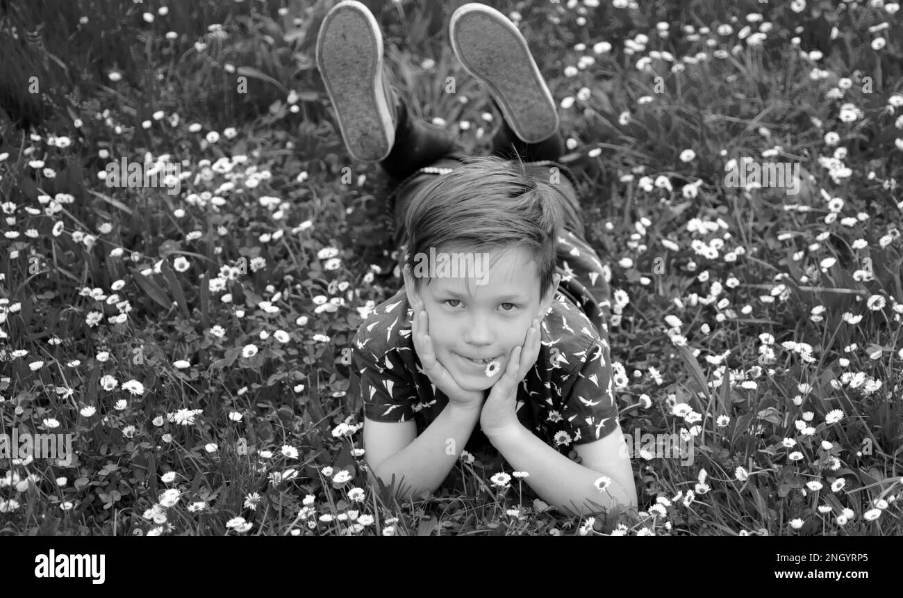 Banner with spring child face. Spring boy. Happy childhood. Smiling kid ...