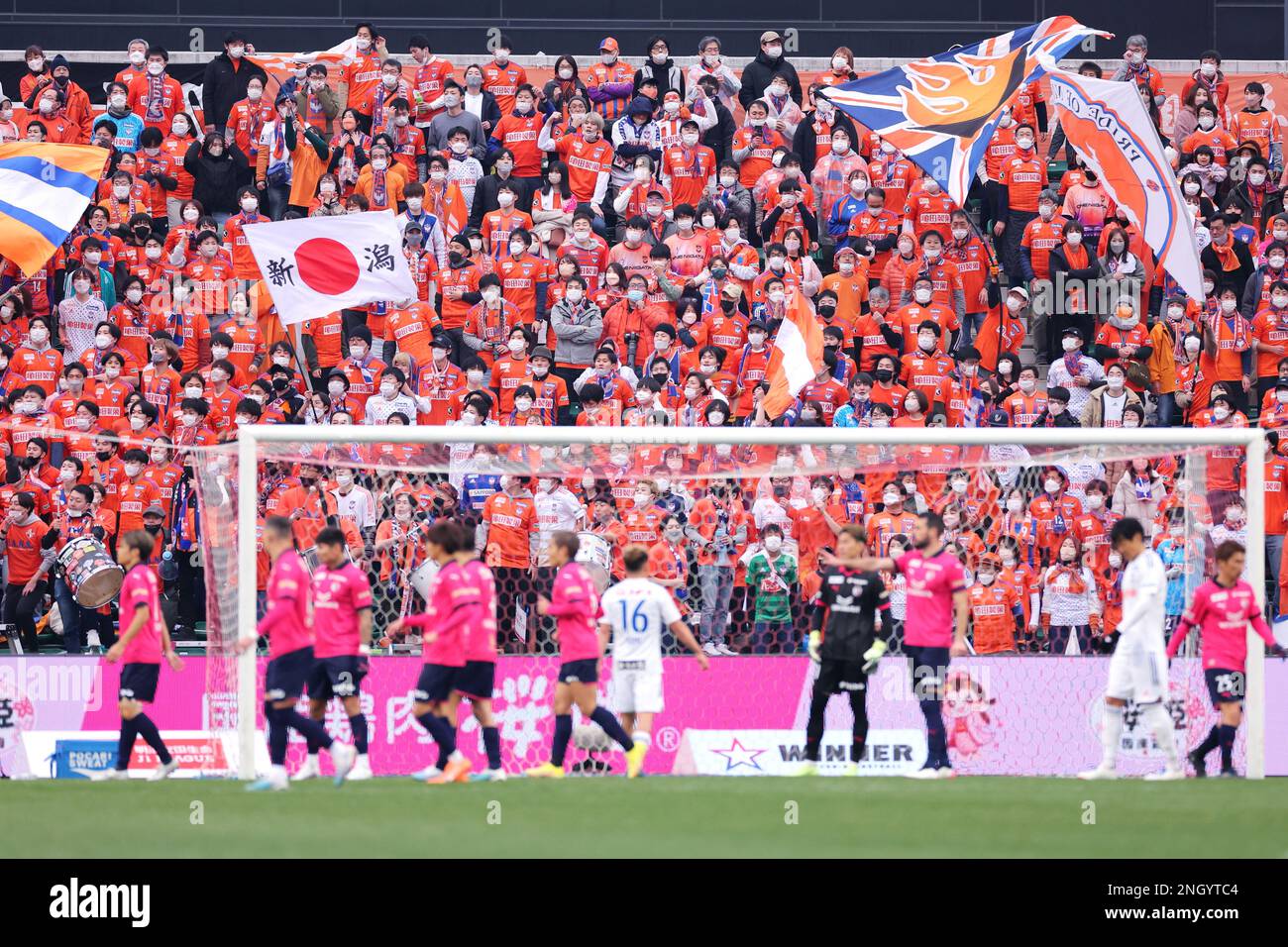 Yodoko Sakura Stadium, Osaka, Japan. 18th Feb, 2023. Albirex Niigata fans (Albirex), FEBRUARY 18 ...