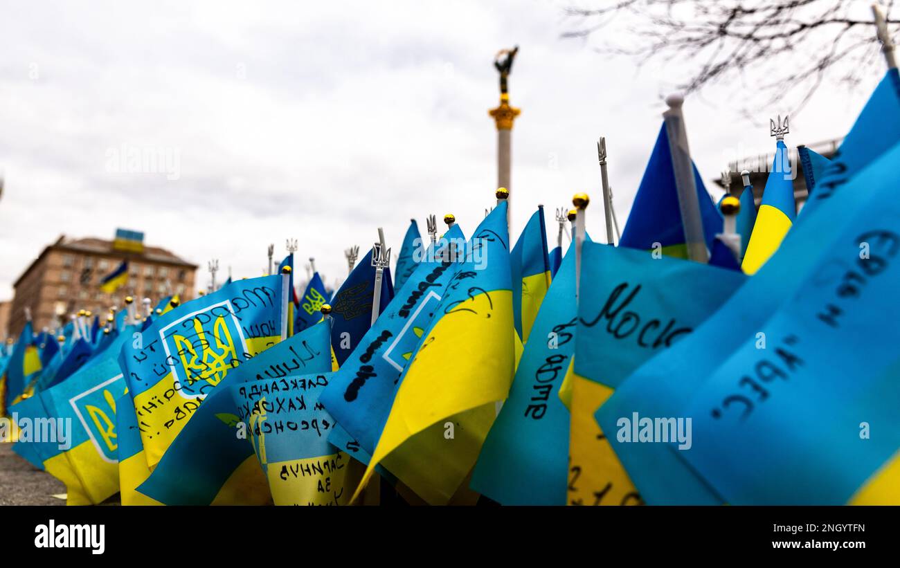 Kyiv, Ukraine. 19th Feb, 2023. Blue and yellow Ukrainian national flags ...