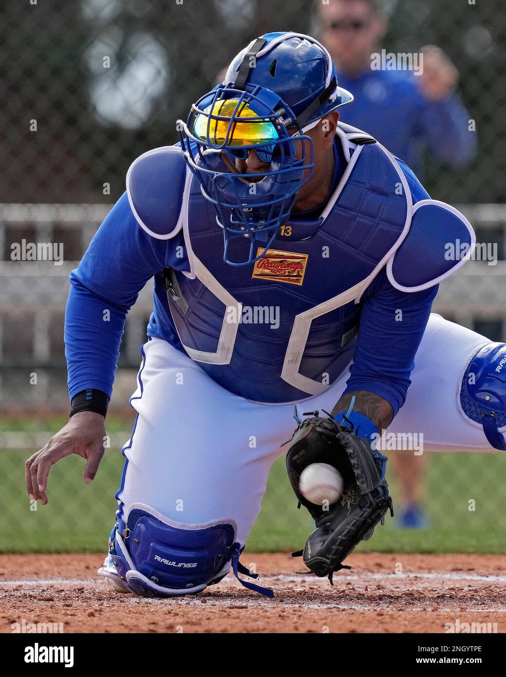 Kansas City Royals catcher Salvador Perez catches a ball during spring ...