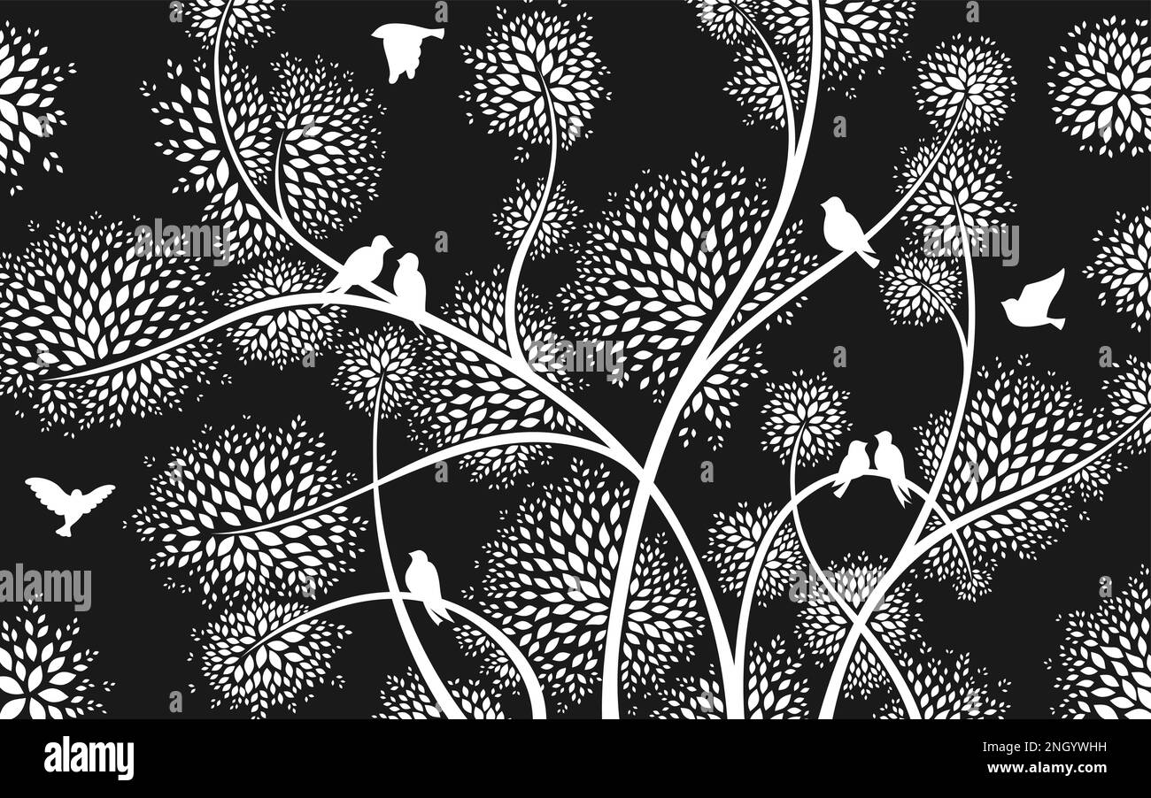 Flock of bird and tree branches silhouette pattern. Stylized shape ...