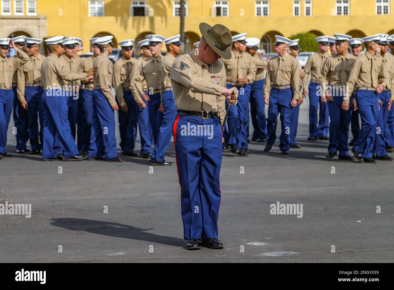 A U.S. Marine Corps Senior Drill Instructor (SDI) with Golf Company ...