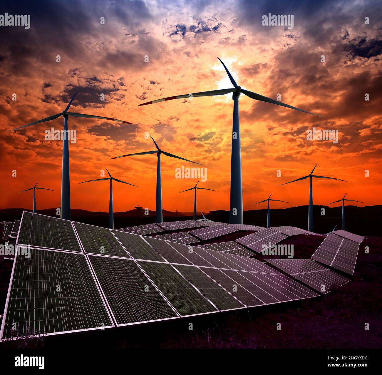 Solar photovoltaic panels and wind turbines. Energy concept， Stock ...