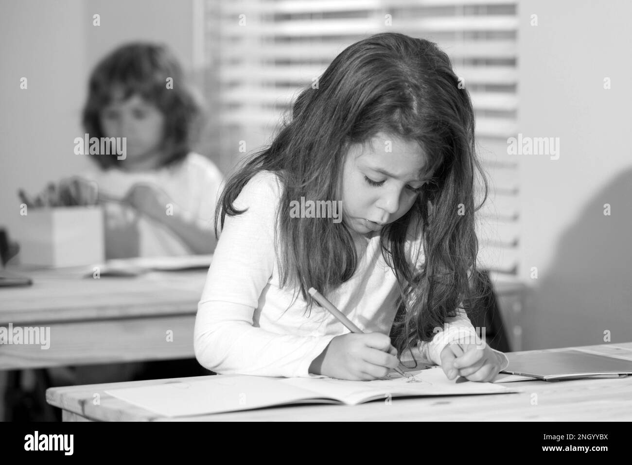 Portrait of cute girl sitting at desk in school classroom. Pupil ...