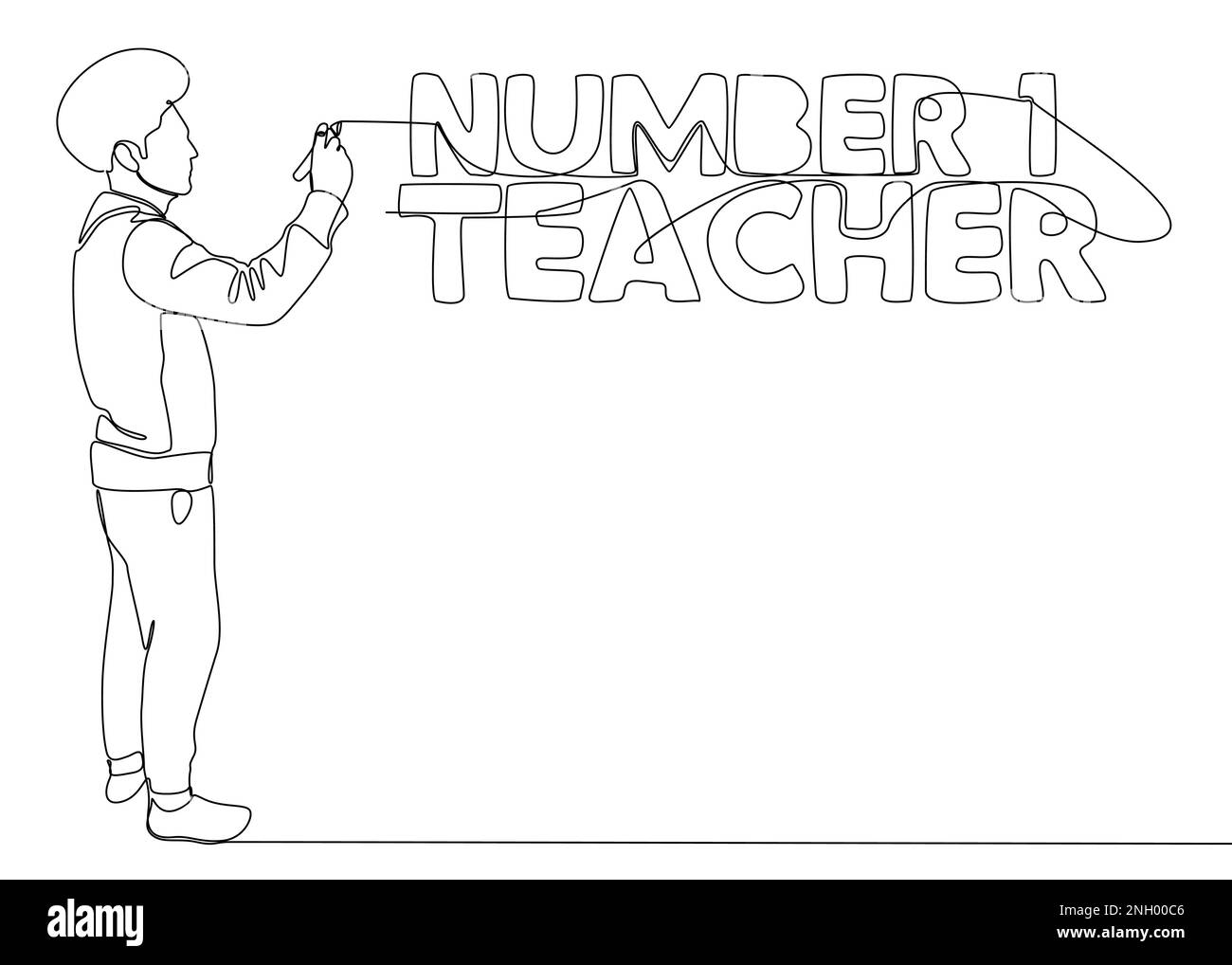One Continuous Line Of Man Pointing At Number One Teacher Word Thin