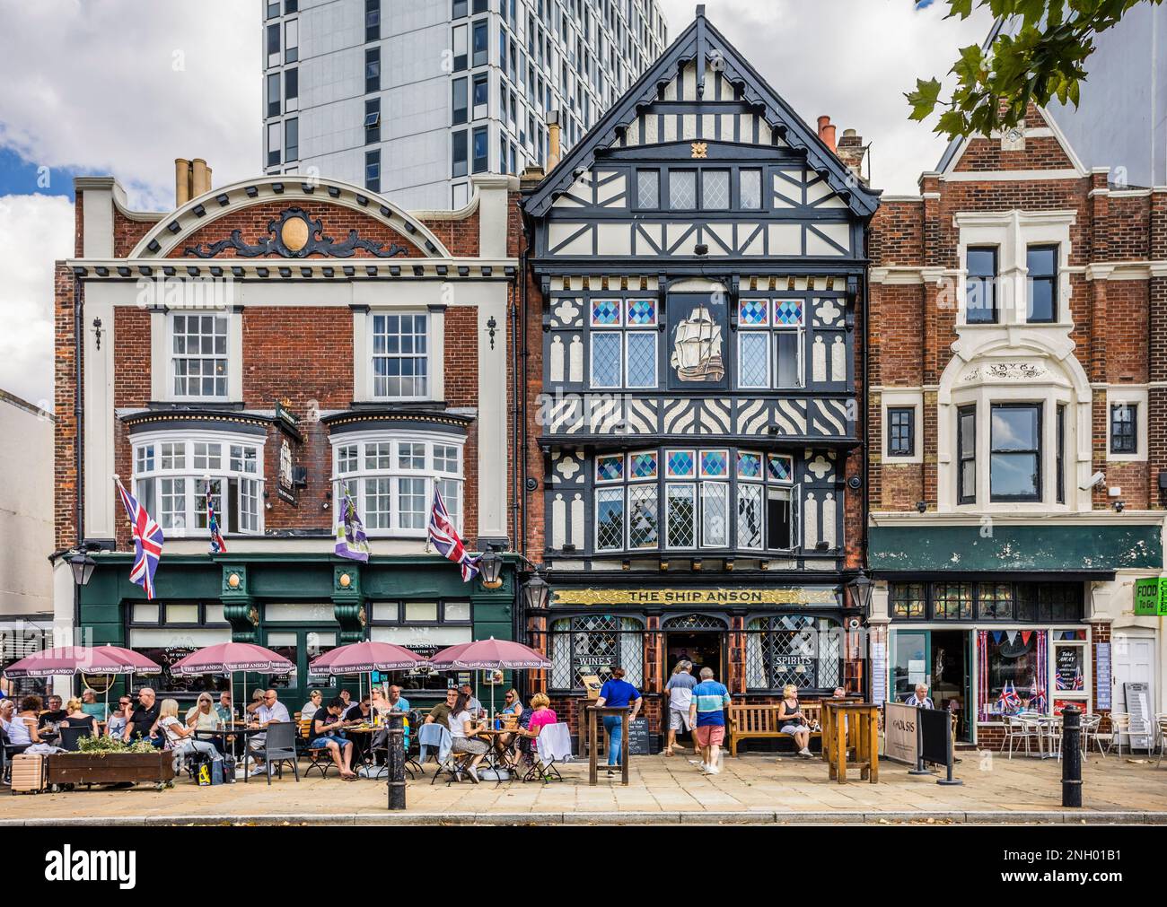 half-timbered facade of "The Ship Anson", a traditional public house at ...