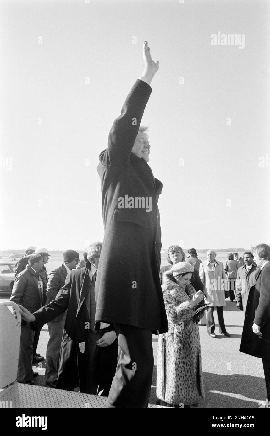President elect Jimmy Carter uses a bullhorn to speak to assembled well ...