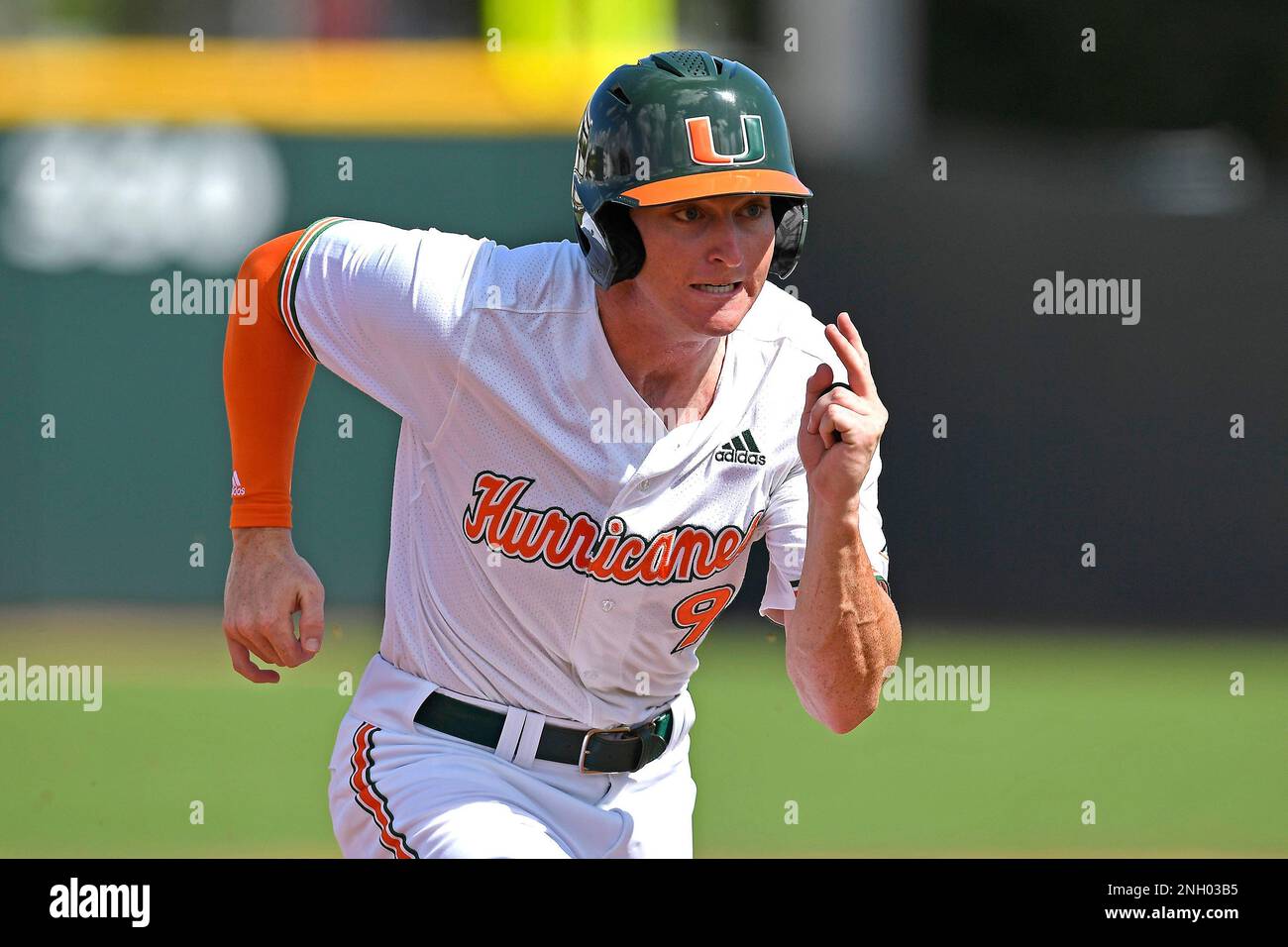 CORAL GABLES, FL - FEBRUARY 19: Miami outfielder Zach Levenson (9) runs ...