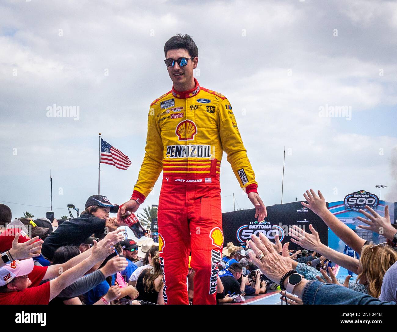 Daytona, United States. 19th Feb, 2023. Joey Logano greets fans prior ...
