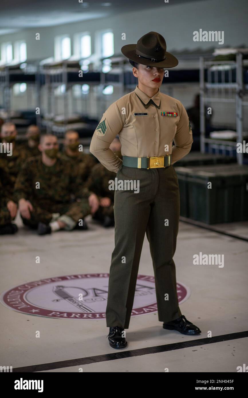 Recruits with Papa Company, 4th Recruit Training Battalion, meet their drill instructors aboard ...