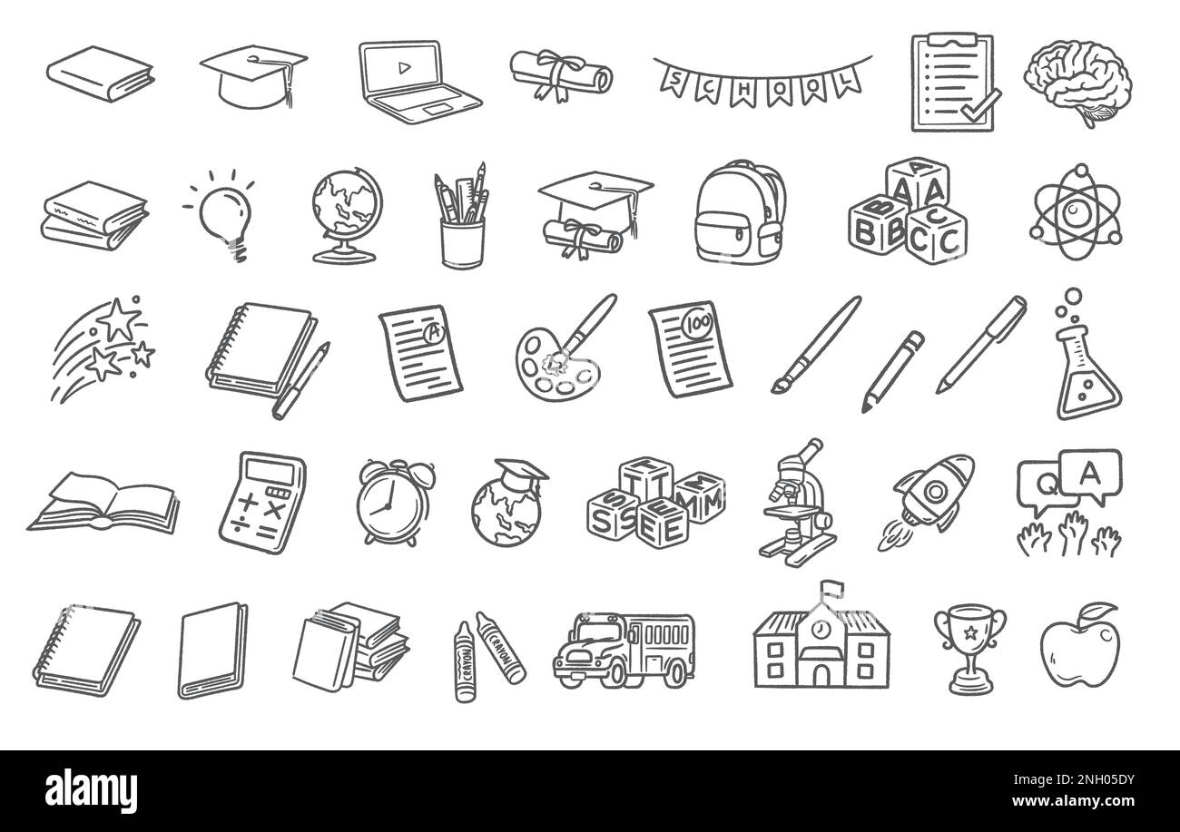 Education dry brush stroke objects vector illustration. Hand drawn design elements knowledge ...