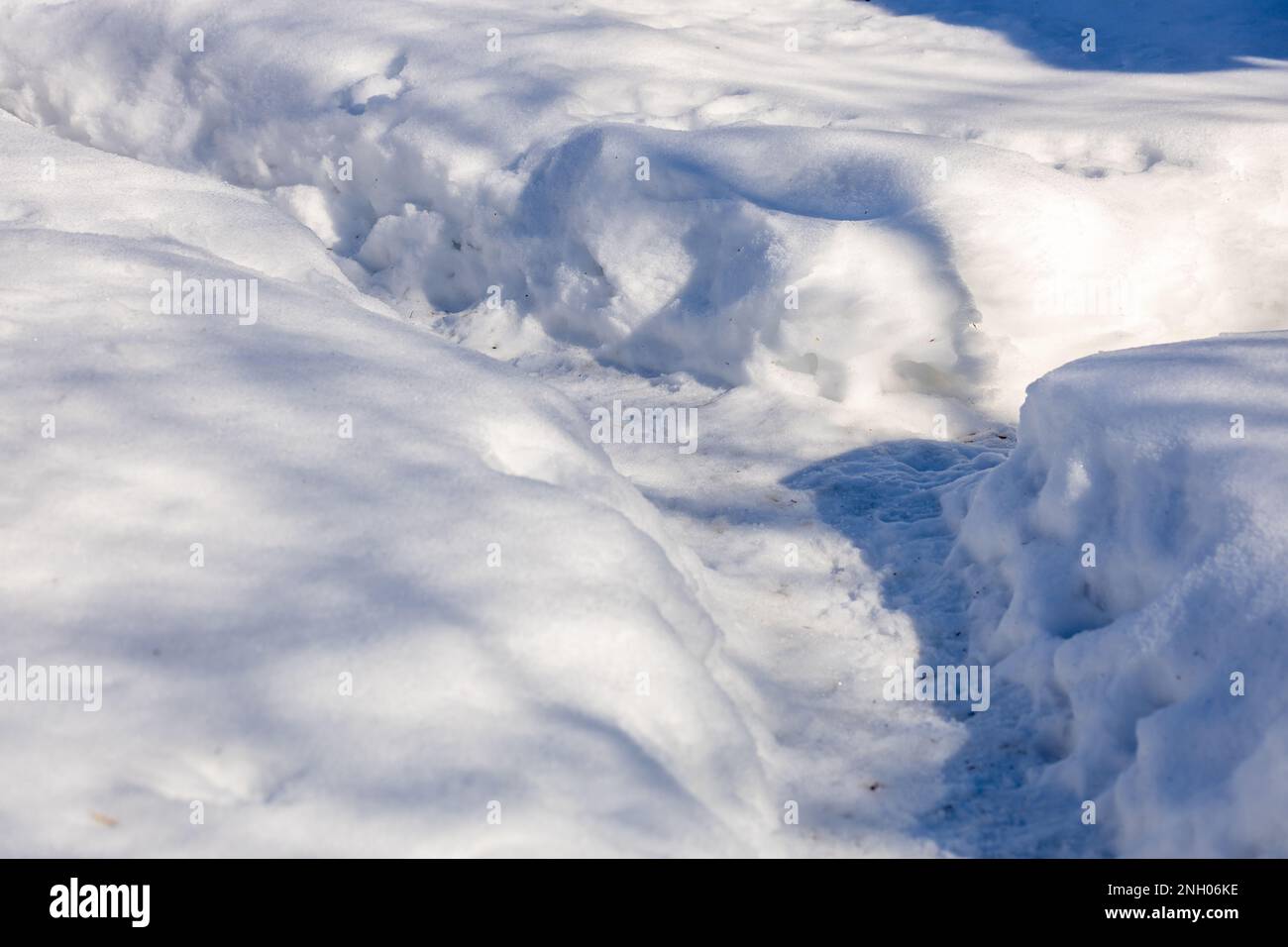 Full frame texture background of a path shoveled in deep snow, just ...