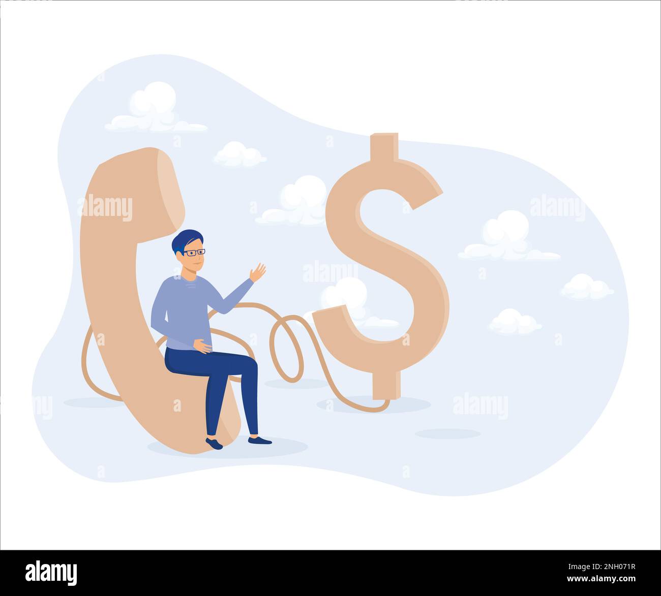 Telemarketing or telesales, confidence salesman standing with telephone ...