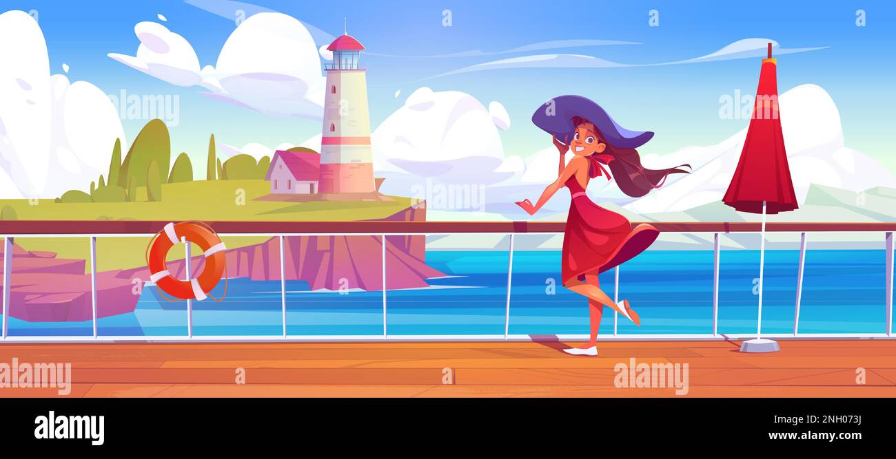 Cartoon vector sea landscape illustration with lighthouse and girl ...