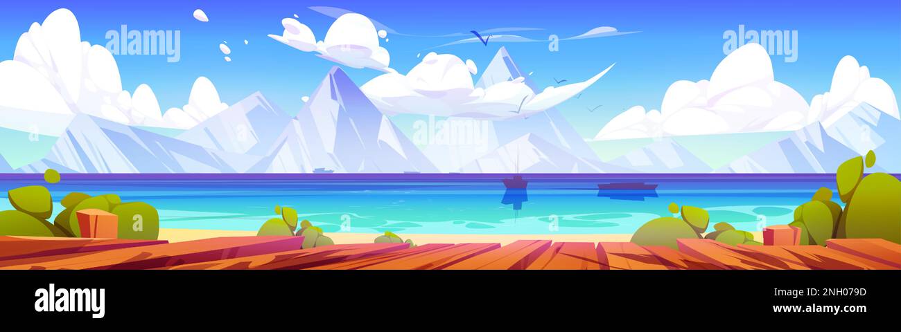 Boardwalk or pier on lake shore with mountains on horizon. Wooden dock ...