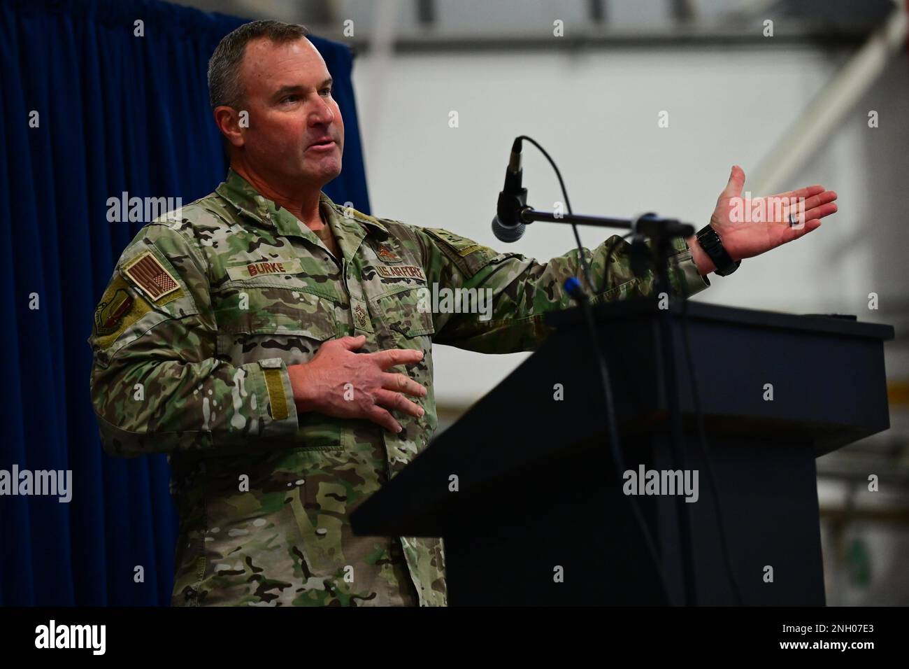 U.S. Air Force Command Chief Master Sgt. Eric Burke, command chief of the 129th Rescue Wing ...