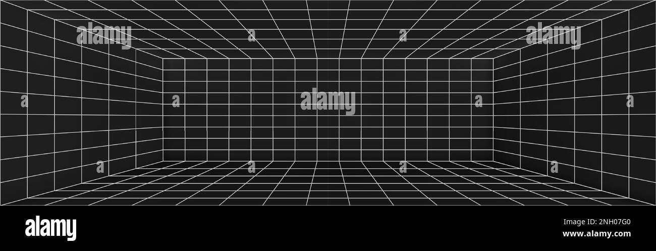 3D perspective of black wireframe room background. Vector realistic illustration of rectangle ...