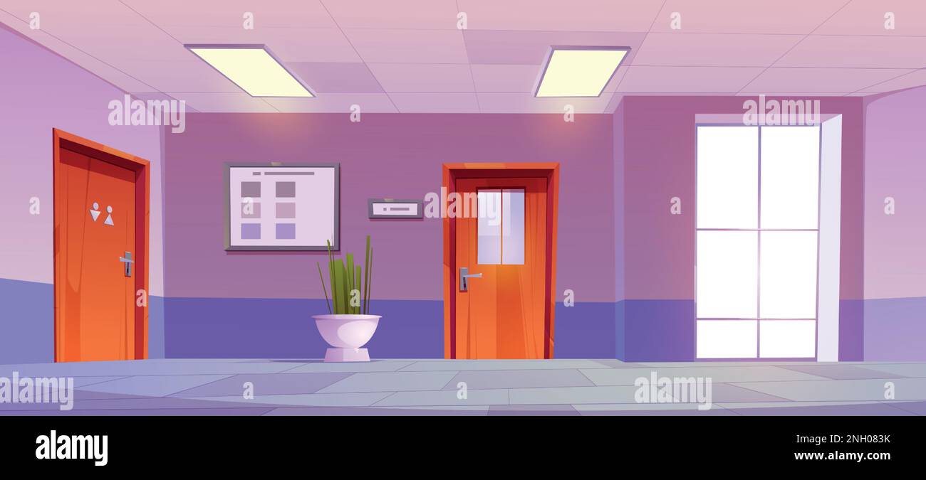 School hallway interior design with wc door vector background. Empty clinic or hospital hall ...