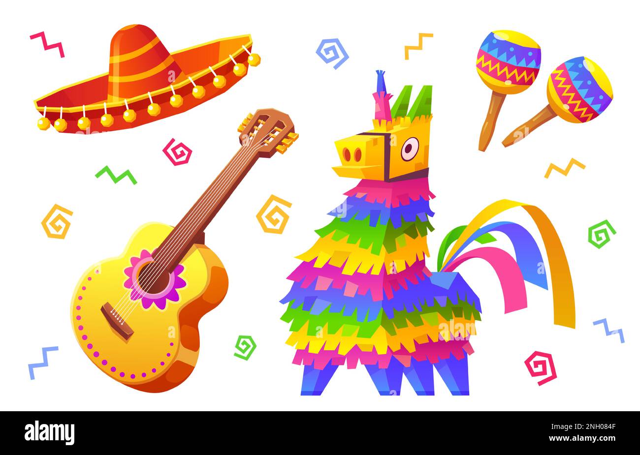 Mexican birthday vector set with pinata and sombrero. Isolated cartoon ...