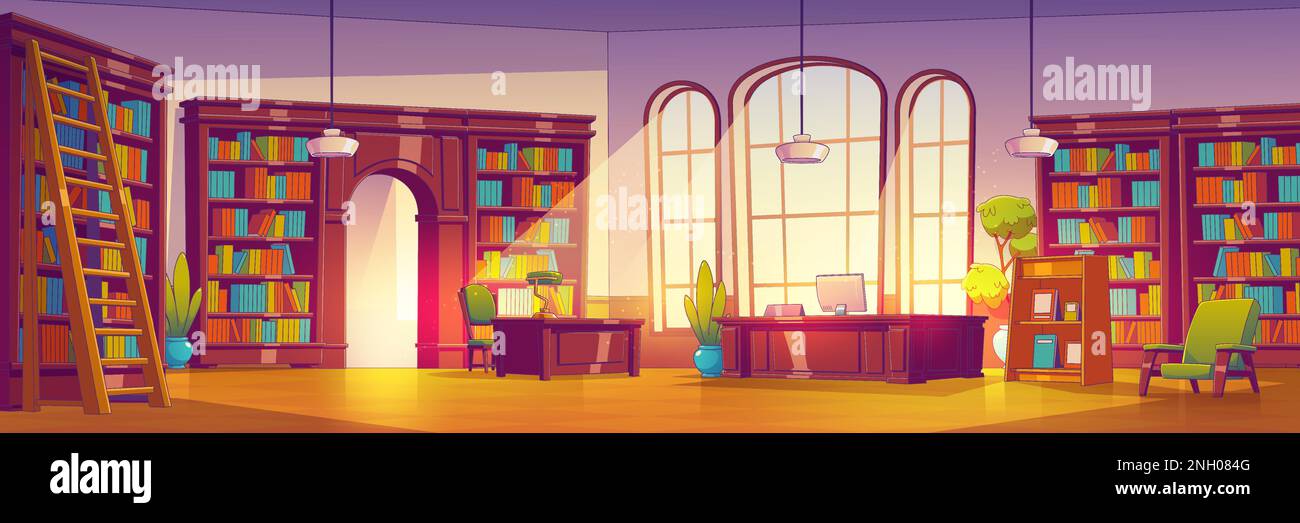 Cartoon library interior with many books. Vector contemporary ...