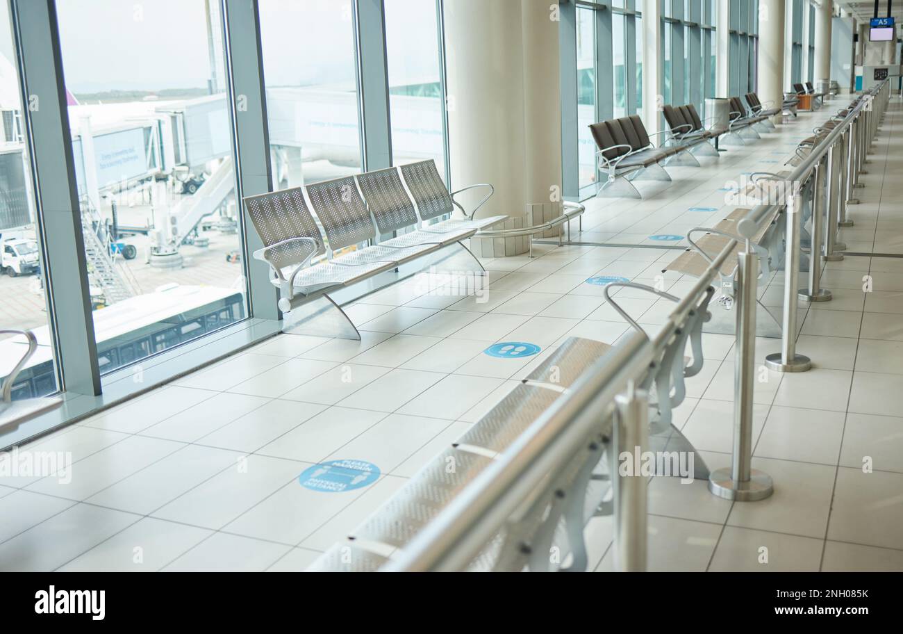 Airport, lounge chairs and terminal waiting room for global travel ...