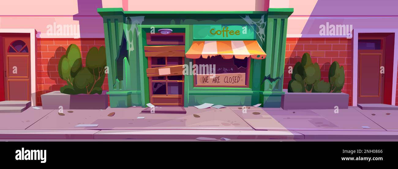 Abandoned vintage cafe exterior cartoon background. Broken door, torn ...