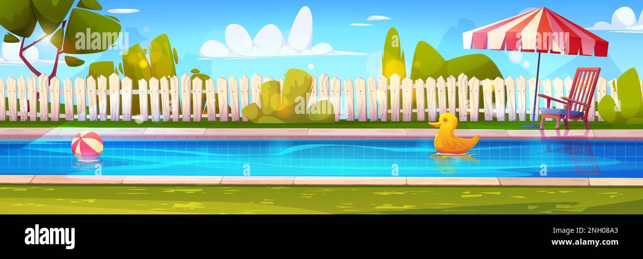 Backyard swimming pool on summer day. Vector cartoon illustration of ...