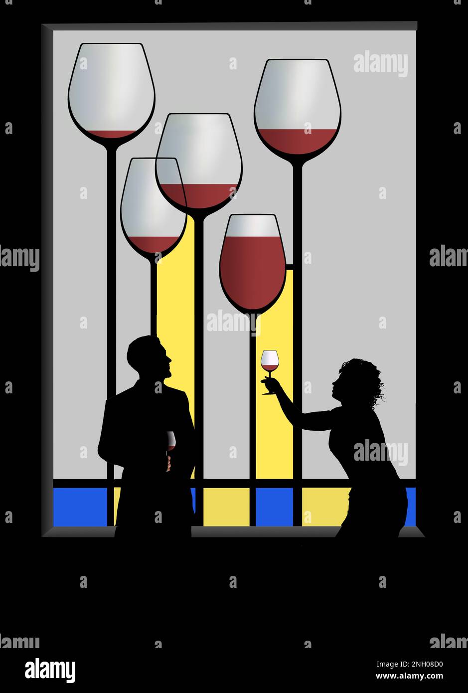 A man and woman interact as they drink wine infront of a stained glass ...