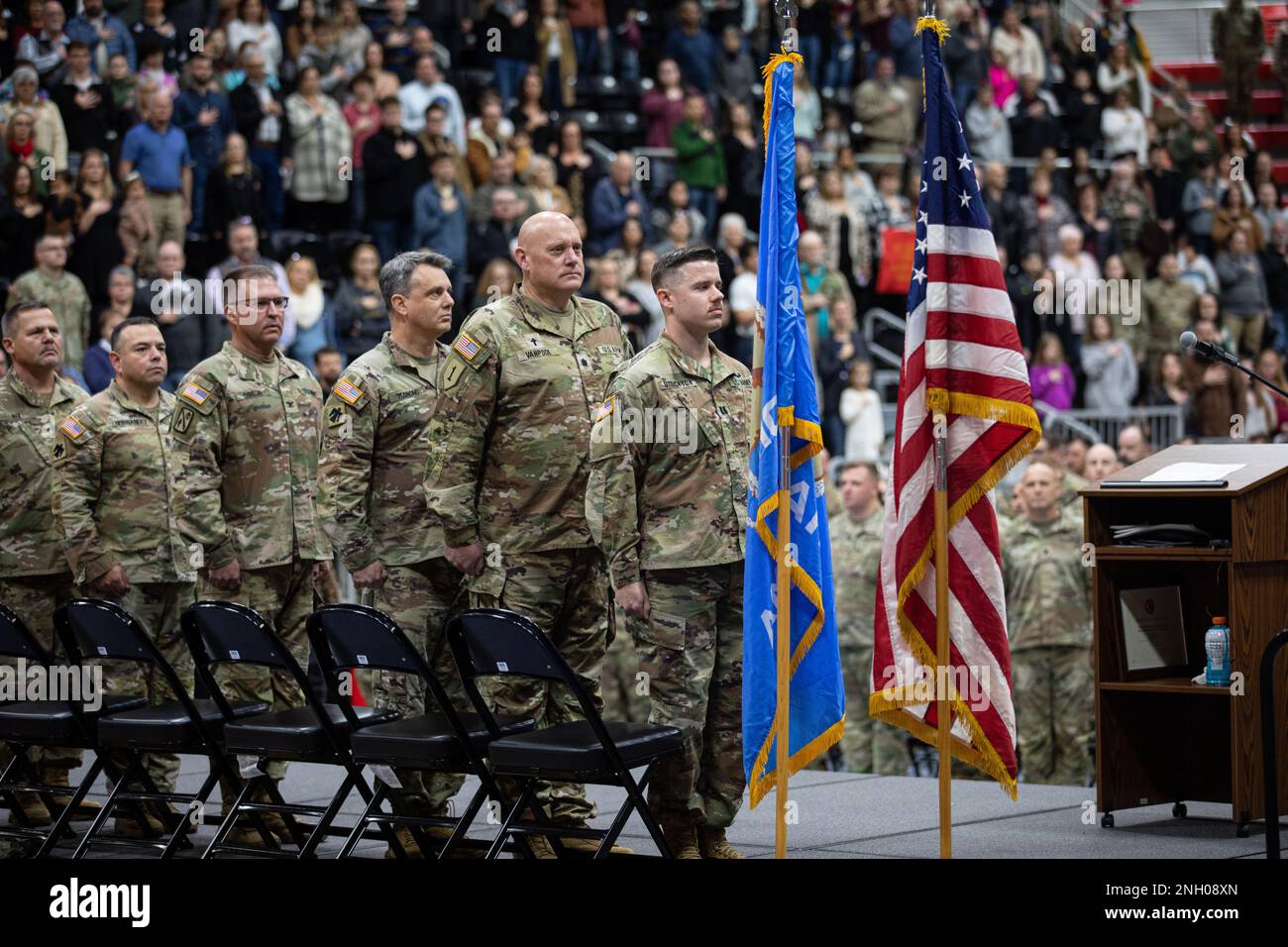Oklahoma Army National Guard Soldiers stand at attention at a ...