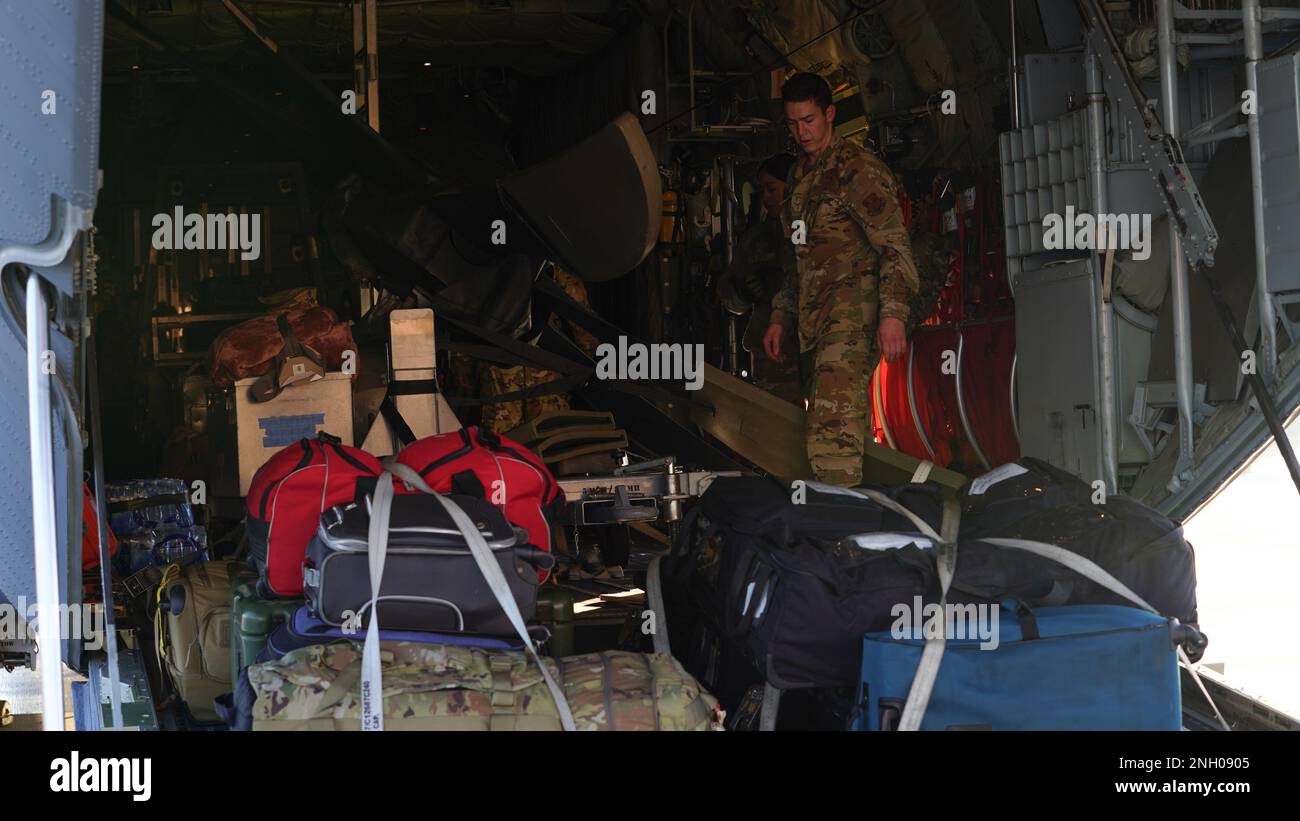 A U.S. Air Force Airman assigned to the 146th Airlift Wing loads a C ...