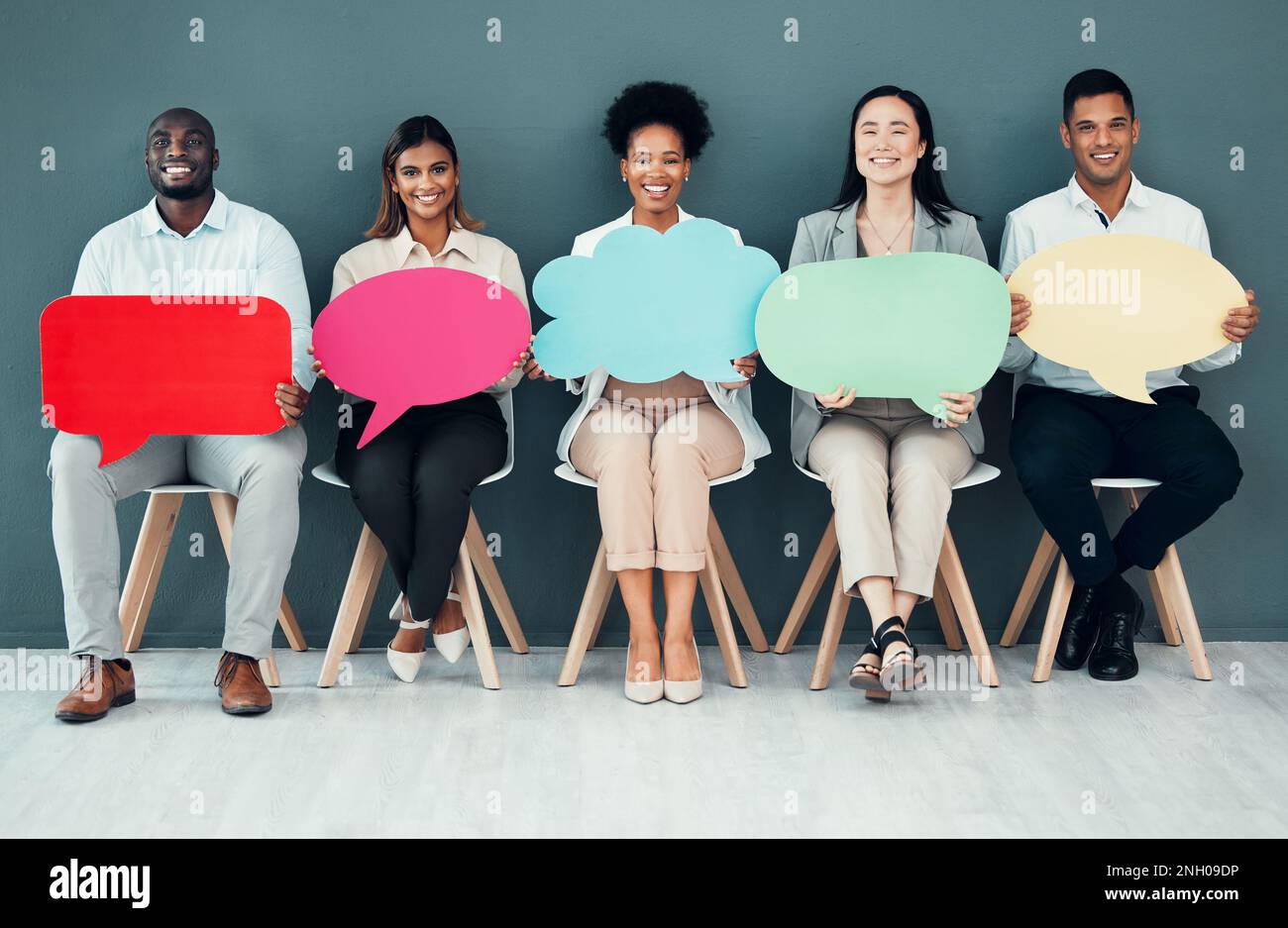 Speech bubble, business people and advertising for recruitment on ...