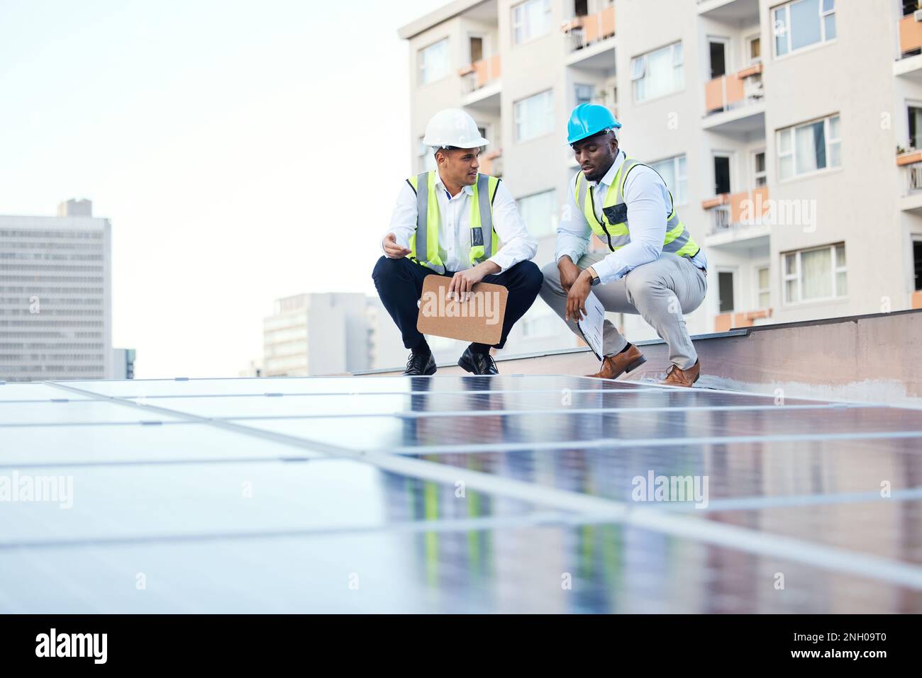 Solar panels, engineering people and rooftop inspection of energy ...