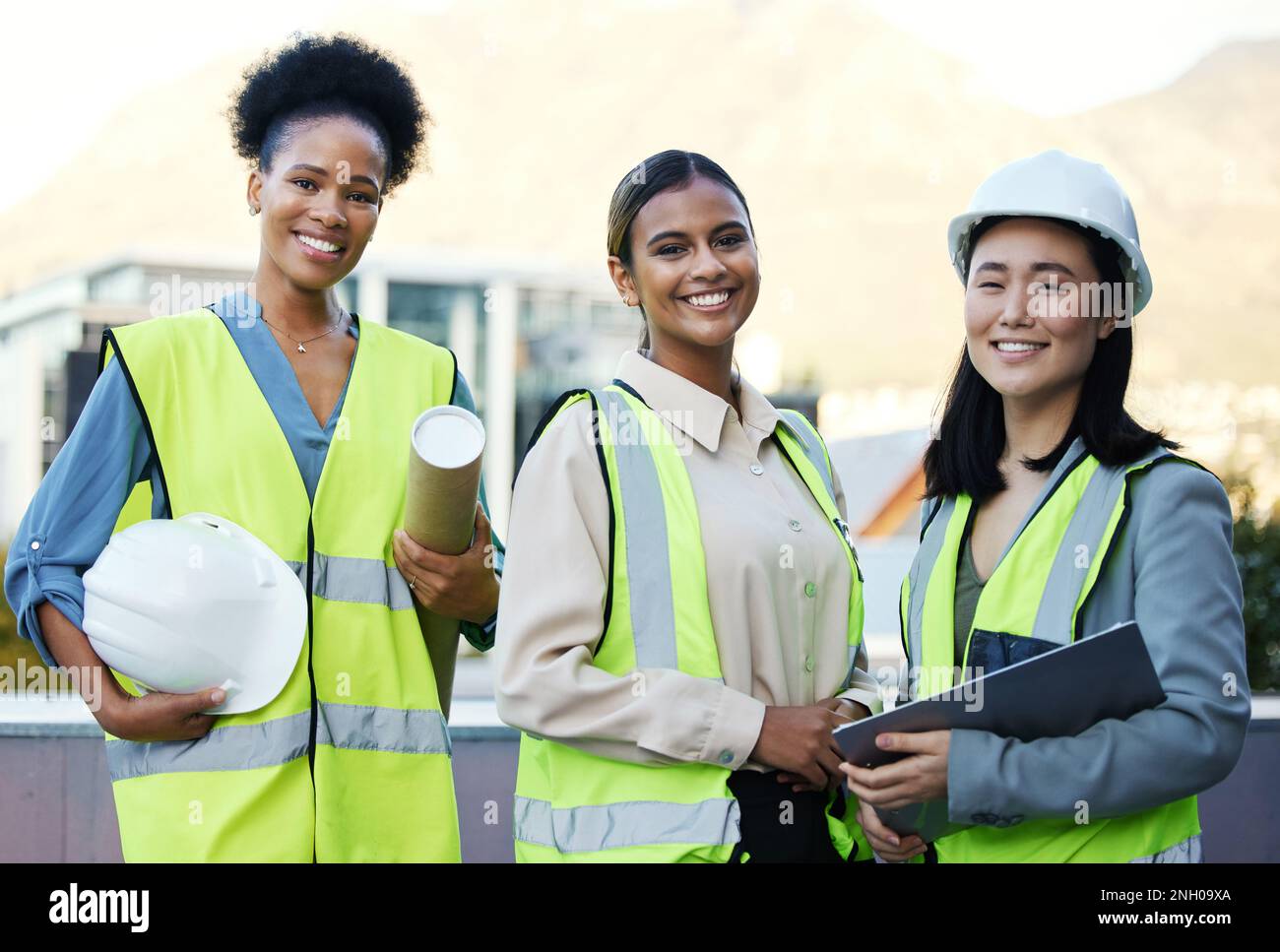 Engineering, team and portrait of a construction workers on a site ...
