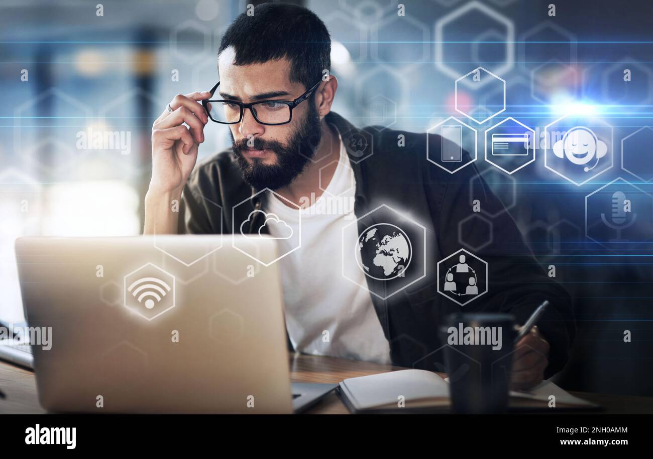 Business man, futuristic and icons with laptop and digital ...