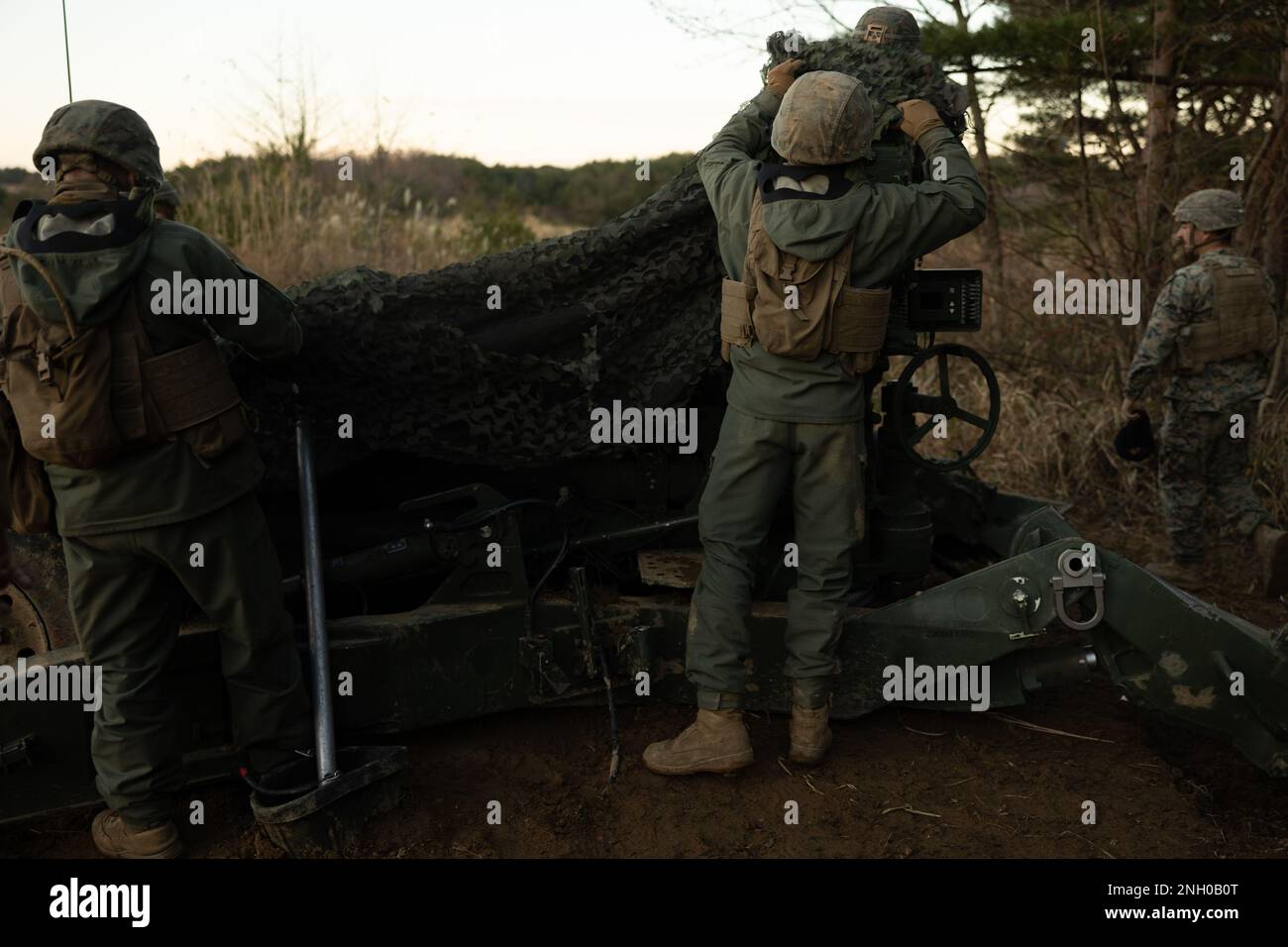 U.S. Marines with 3d Battalion, 12th Marines camouflage their M777 ...